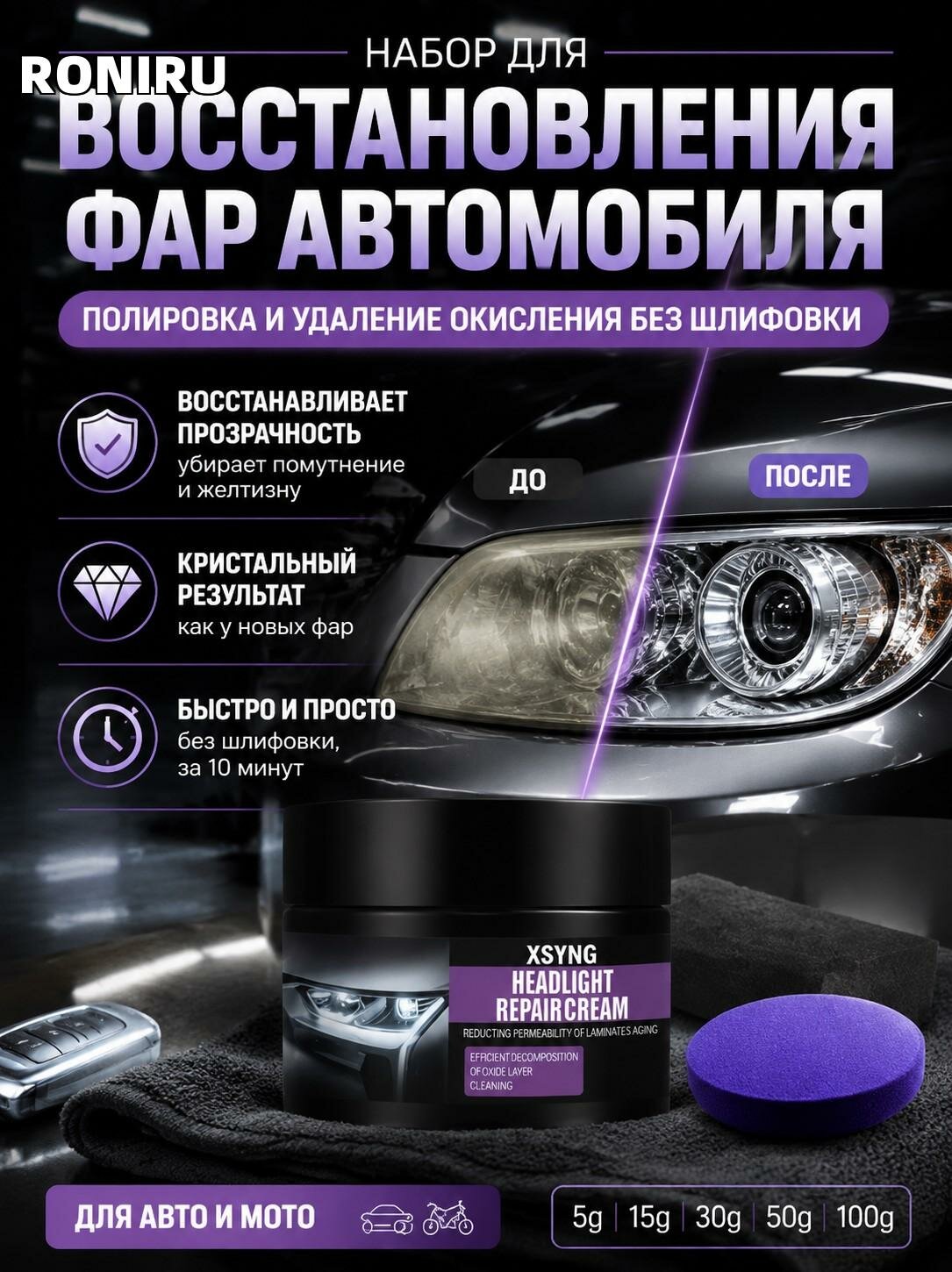 Набор для восстановления фар автомобиля — полировка и удаление окисления без шлифовки, для авто и мото (5/15/30/50/100g)
