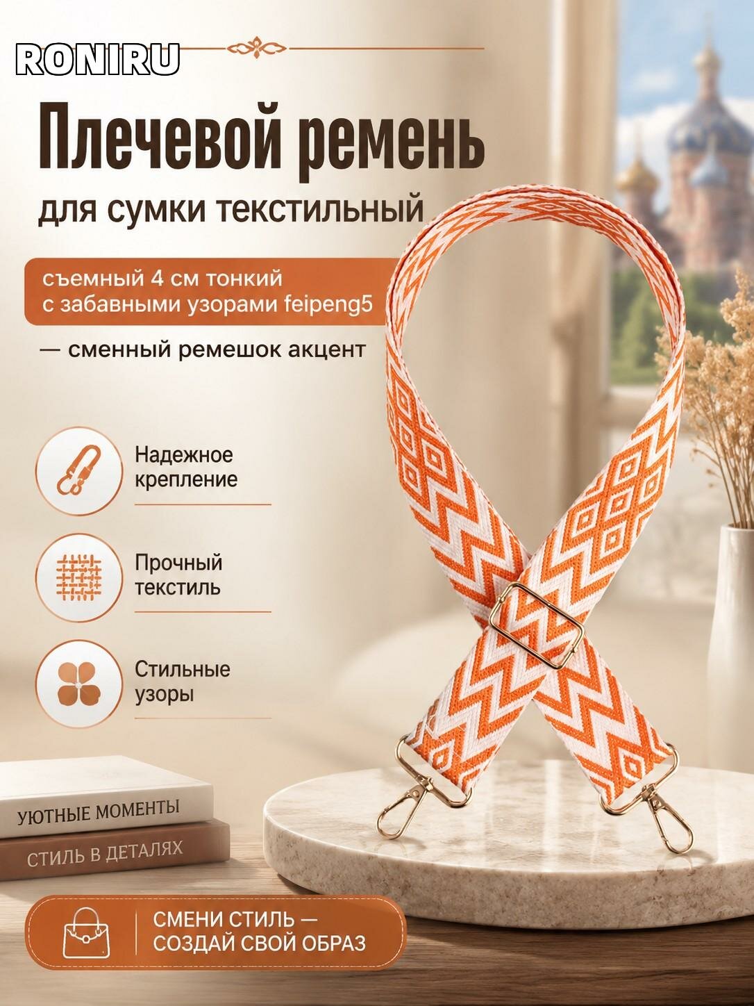 Плечевой ремень для сумки текстильный съемный 4 см тонкий с забавными узорами feipeng5 — сменный ремешок акцент