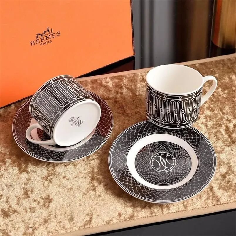Чашка Hermes 200 мл, 4 шт, Костяной фарфор, Белый/Золотистый, Геометрический узор — фото 1