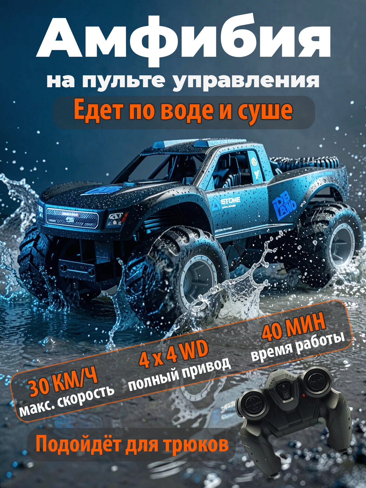 Машинка на пульте управления амфибия 4WD, радиоуправляемый джип-внедорожник 1:16, вездеход для воды и суши