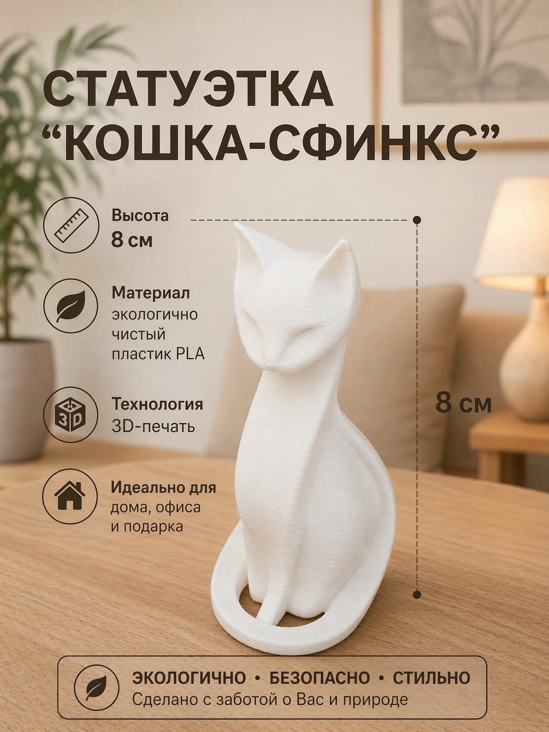 Статуэтка для интерьера "Кошка", декоративная фигурка для дома и офиса