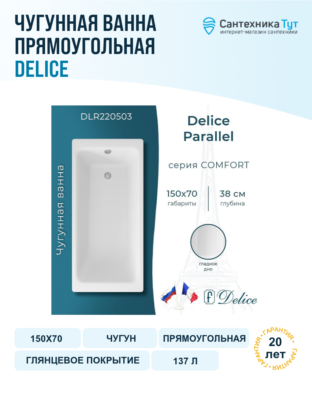 Чугунная ванна Delice Parallel 150х70 DLR220503 без отверстий под ручки и антискользящего покрытия