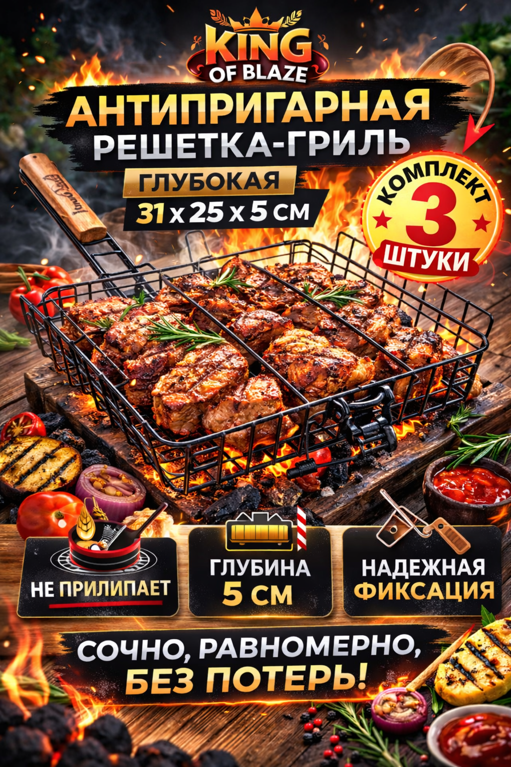 Барбекю решетка из нержавейки для мангала, для мяса антипригарная 3 шт