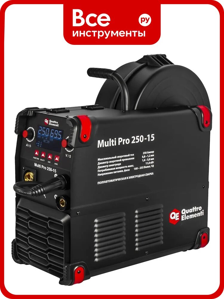 Аппарат полуавтомат. сварки, инвертор Multi Pro 250-15 (250A, 1 фаза, 3 вида сварки MIG/TIG/MMA, кат.15 кг, Диспл.) QUATTRO ELEMENTI 925-761