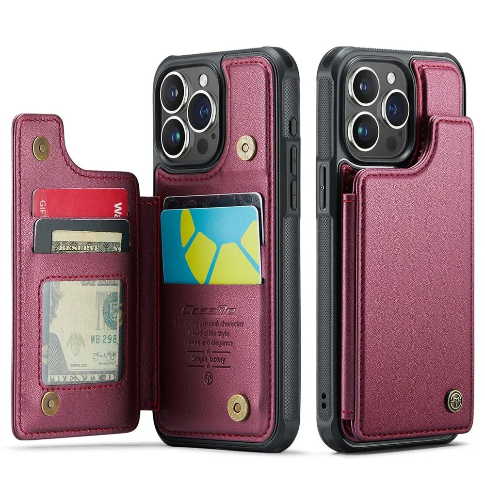 Caseme Кожаный чехол для Apple iPhone 15 Pro Max / Aйфон 15 про макс с кожаным держателем для карт и противоударной подставкой