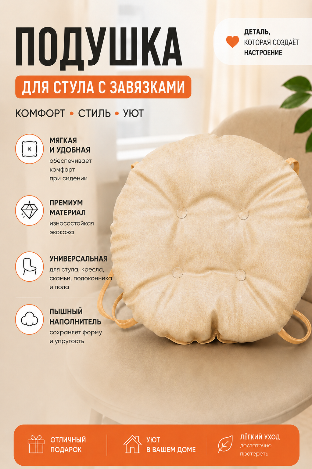 Подушка на стул "Драголит", влагостойкая, искусственная кожа, круглая (диаметр 31см, высота 6см)