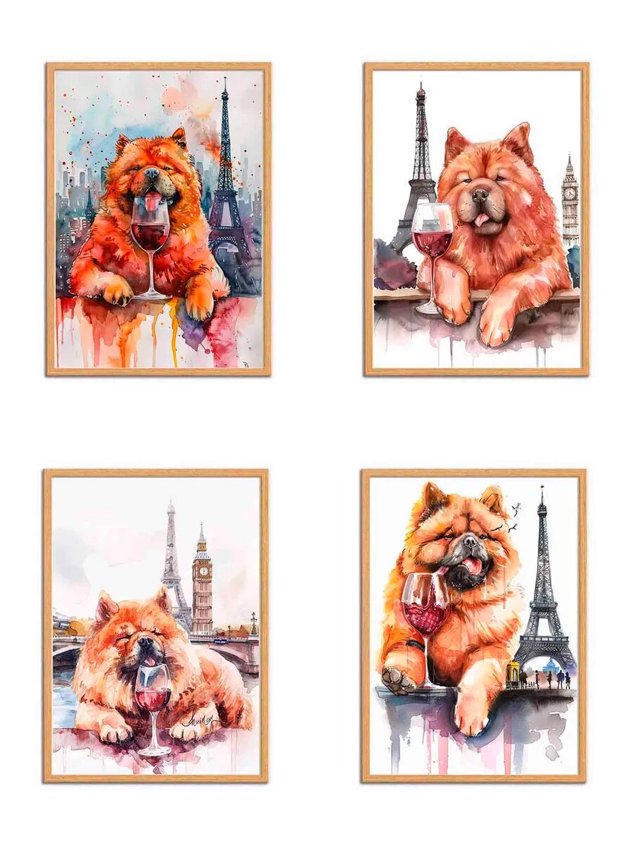 Собака Чау-чау Пьет Вино, 4 Плаката, 30x21см
