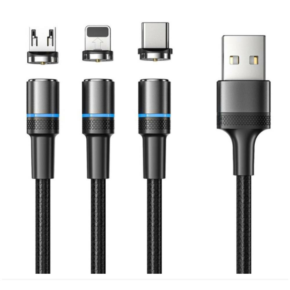 Кабель REXANT 3в1 со съемными магнитными портами USA-A на Type-С (2A), Lightning (2,4A), Micro USB (2A) 1.2м, Черный
