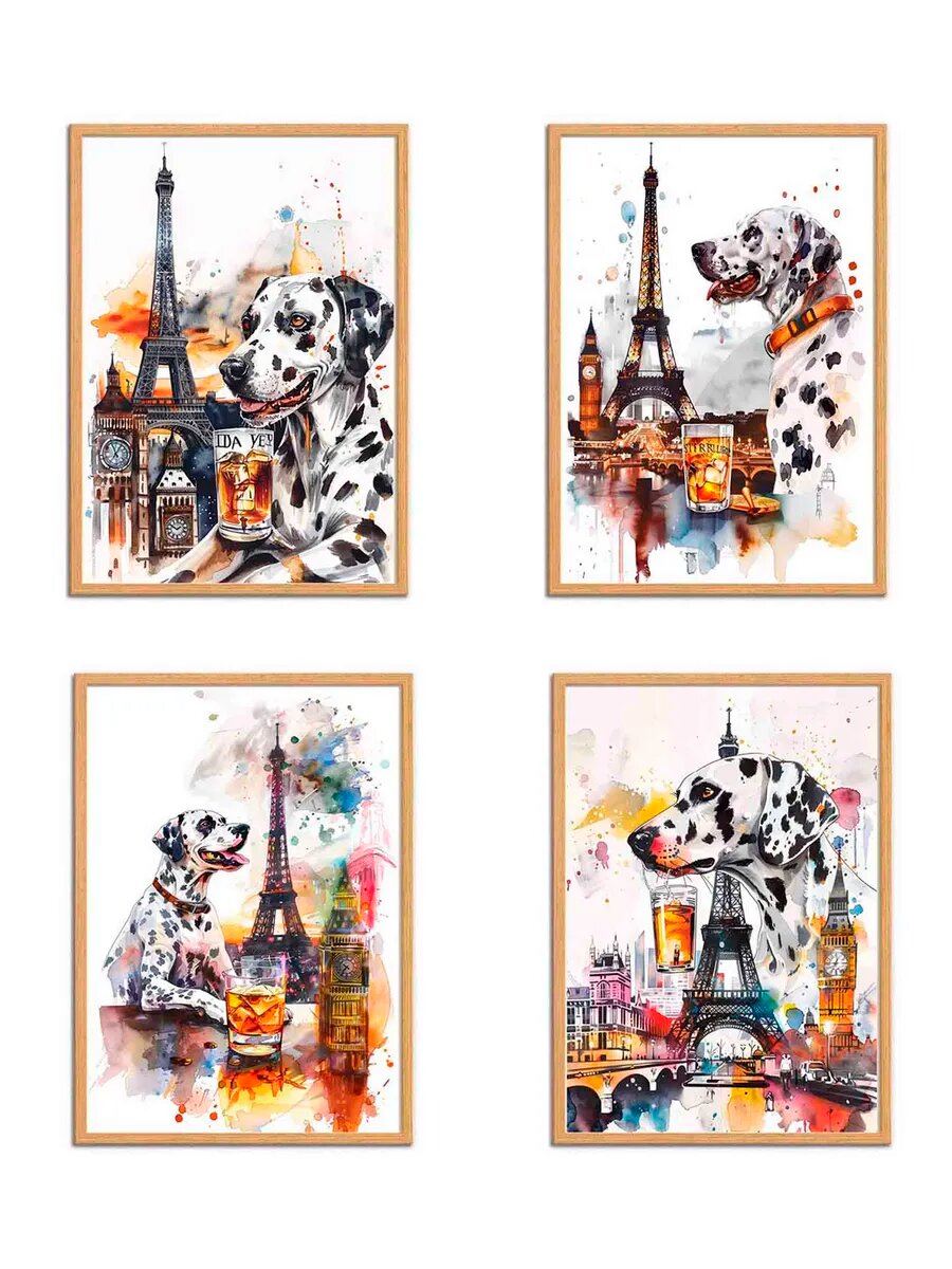 Далматинец Пьет Виски, 4 Плаката, 30x21см