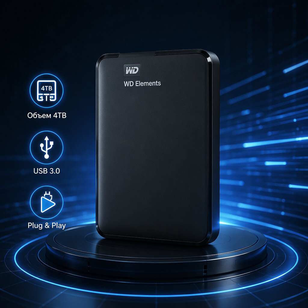 Внешний жесткий диск HDD Western Digital Elements Portable, WDBU6Y0040BBK-WESN 4ТБ 2,5" 5400RPM USB 3.0, черный