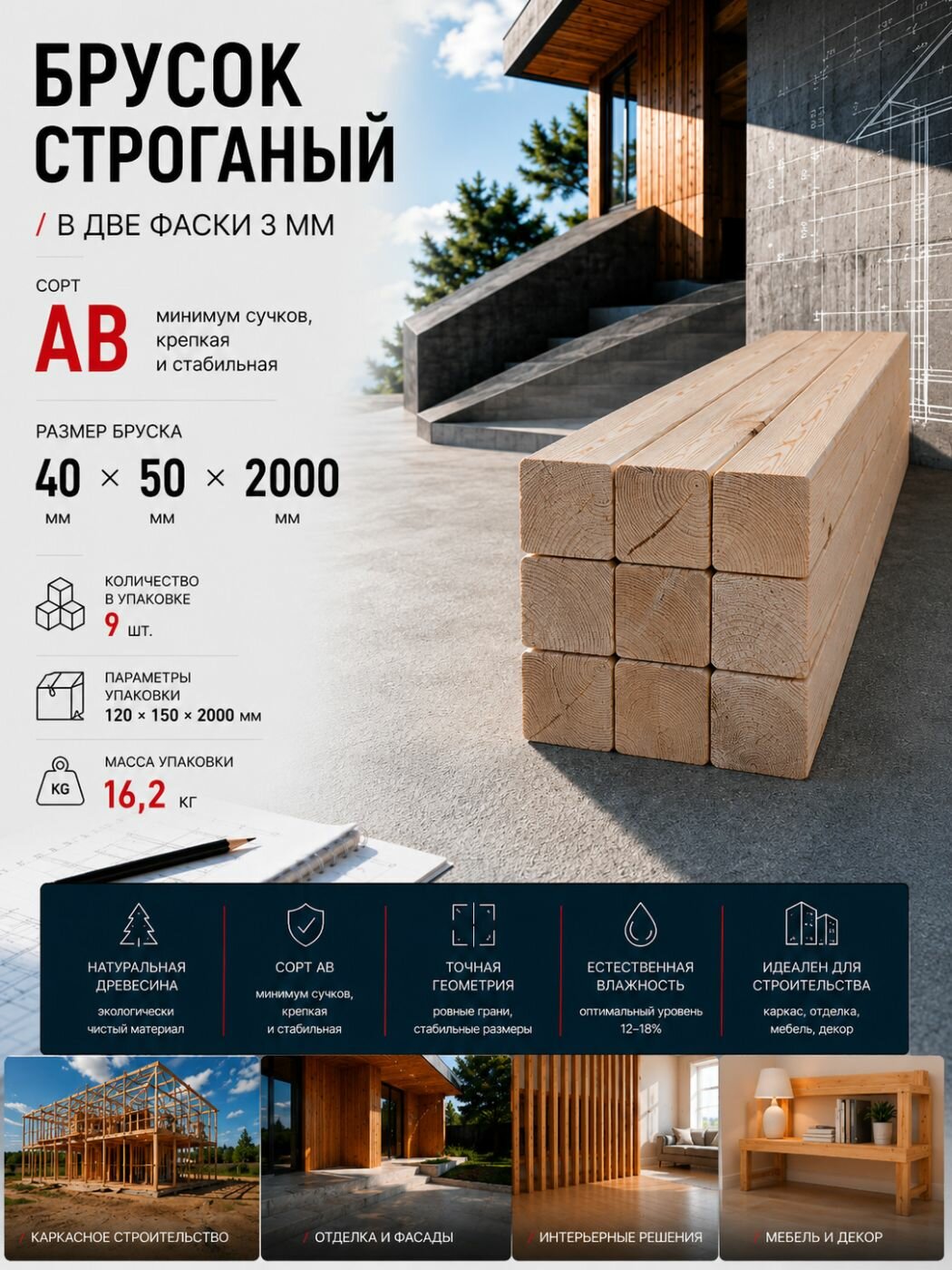 Брусок строганый 2 Фаски 3 мм сорт АВ, 40х50х2000, 9шт, хвойных пород