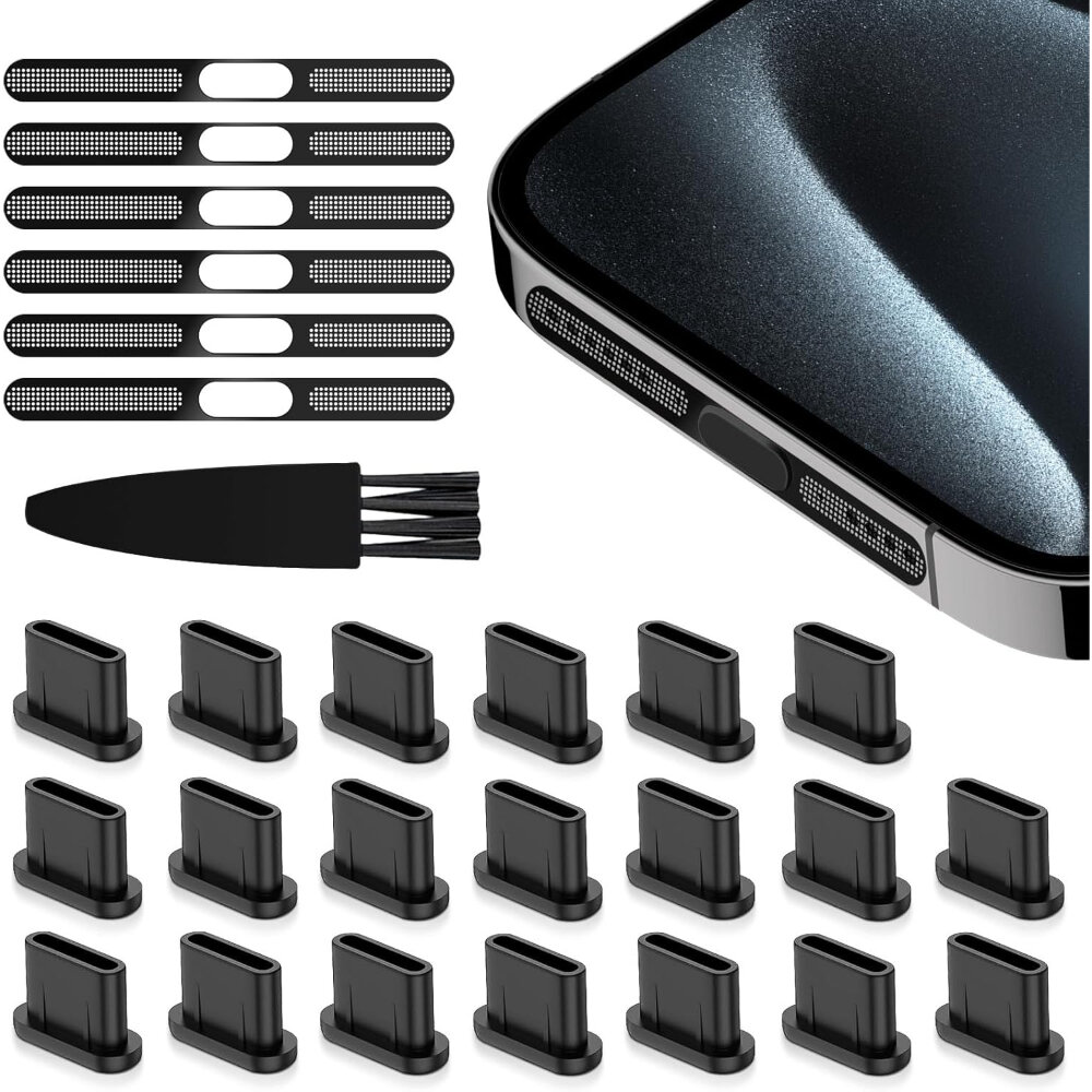 Набор заглушек для разъёма USB-C и крышек для динамика смартфонов, 20+6 шт, с чистящей щёткой, цвет чёрный