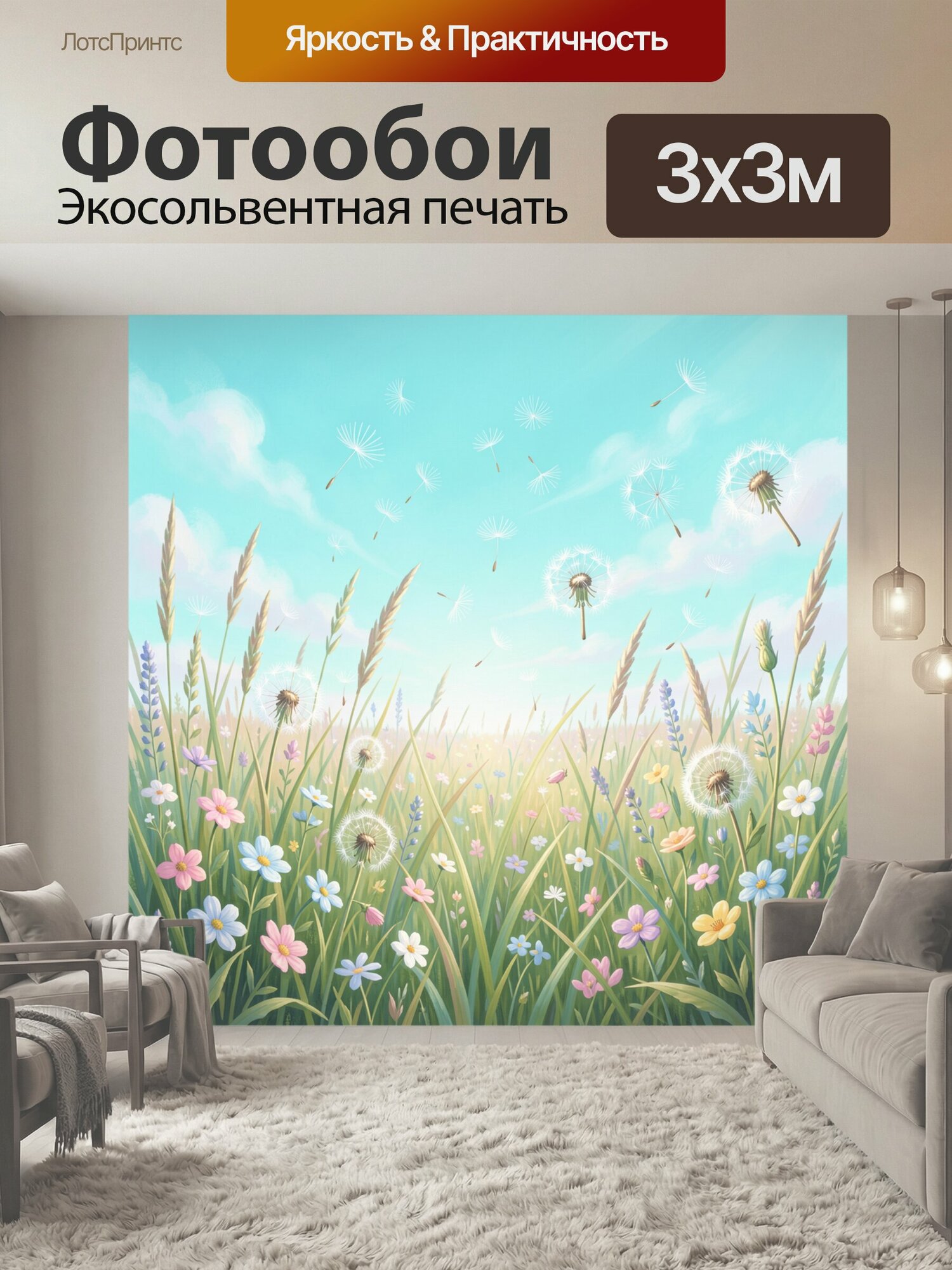 Фотообои "Цветущий луг с одуванчиками. Нежный пасторальный пейзаж: разнотравье, ромашки, васильки и колокольчики под бирюзовым небом, пушистые." 300x300 см. экосольвентная печать