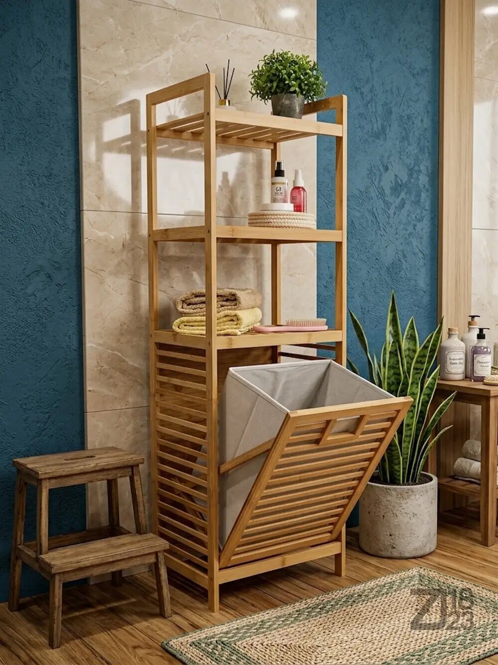 Узкая этажерка бамбук с откидной корзиной для белья и полкой, 40x30x119 см, Bambuchka