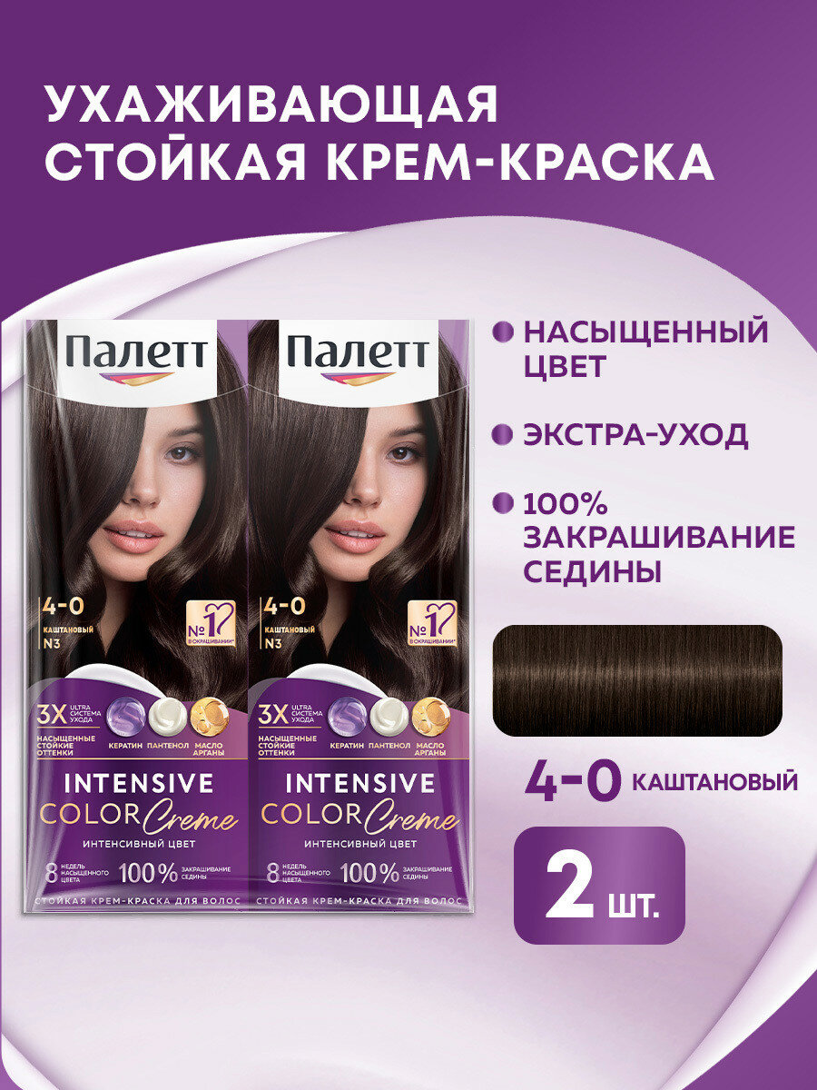 Палетт Набор Стойкая крем-краска для волос Интенсивный цвет 4-0 N3 Каштановый, 110 мл, 2 шт