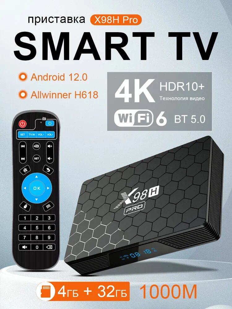 1000M Смарт ТВ бокс приставка для телевизора X98H PRO 4/32 Гб Allwinner H618 Android 12 Smart TV Box UHD 4K Медиаплеер/ Игровая приставка