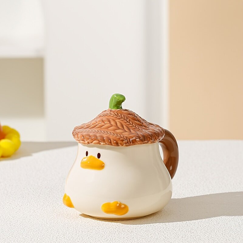 Керамическая кружка с крышкой, дизайн утки, коричневая, 1 шт.