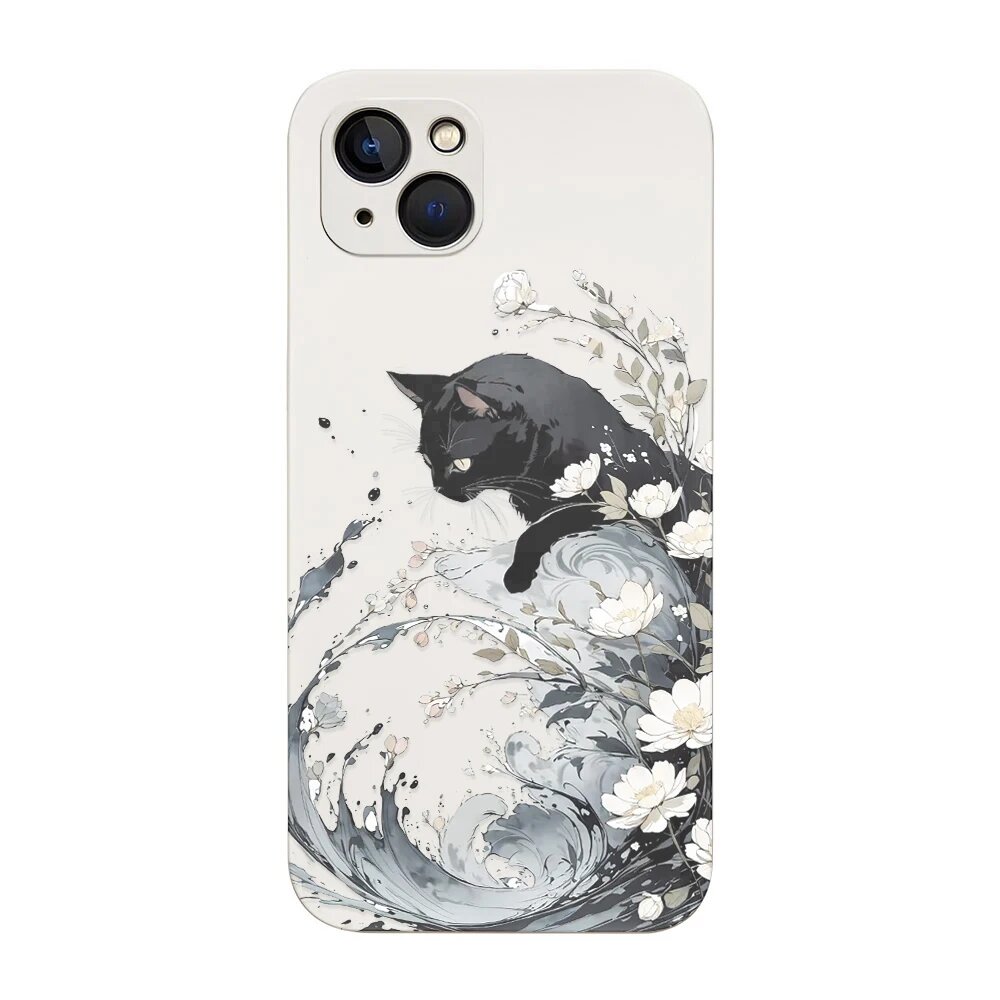 Волны играют с черным котом Чехол для телефона для iPhone 13 15 12 11 16 14 17 For iphone 14 ProMax