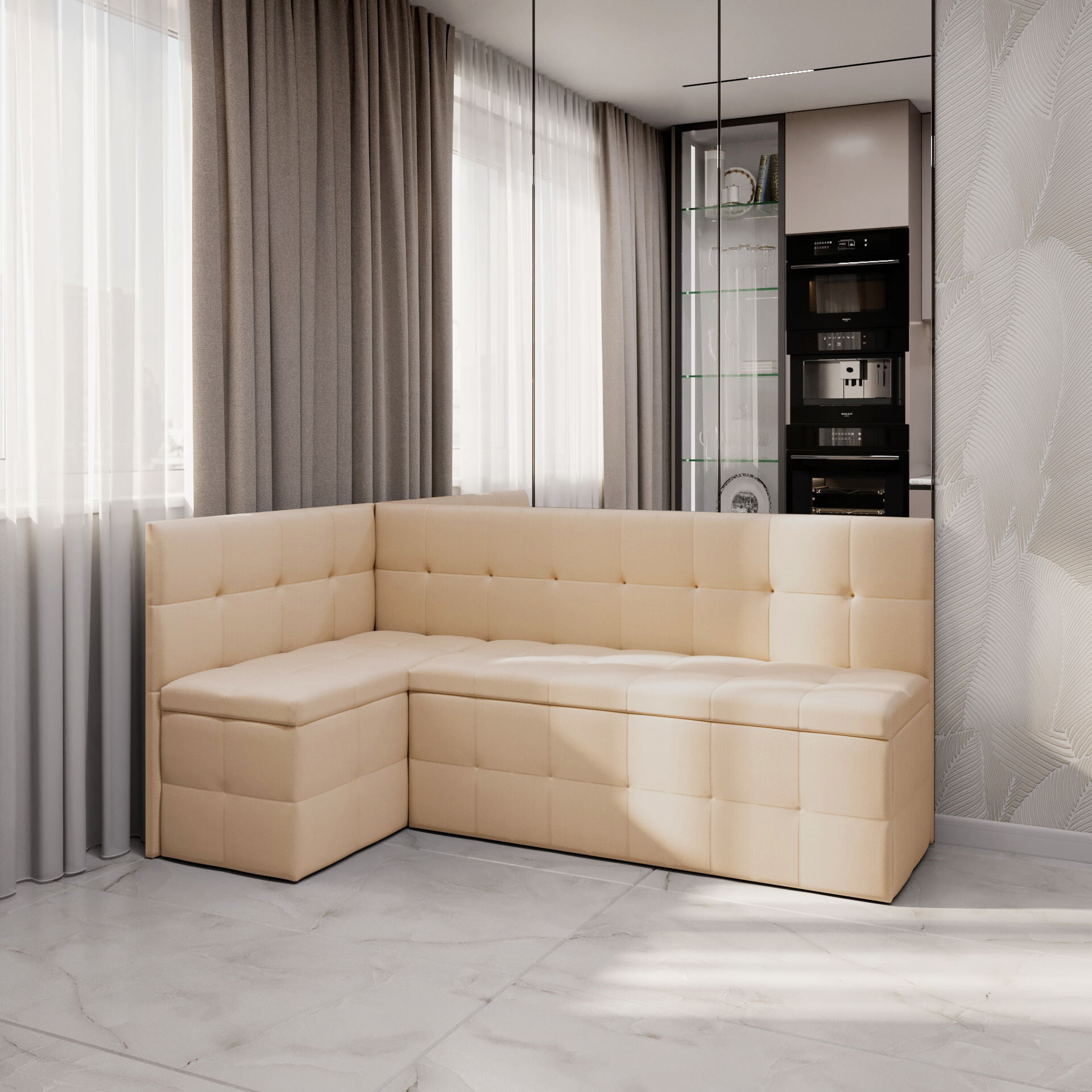 Диван кухонный угловой "Домино" D@E Factory со спальным местом, рогожка Саванна камел, угол универсальный