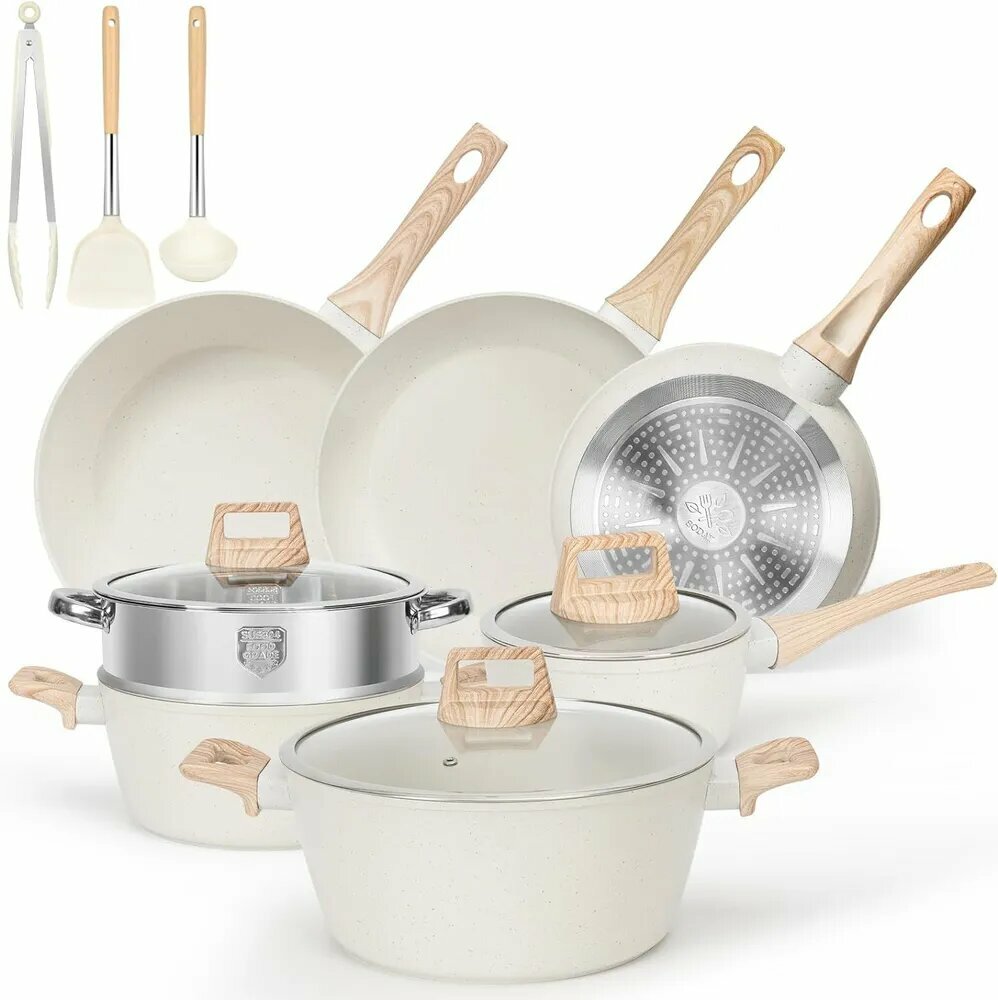 Granite non stick complete set of household cookware 12 pieces - white