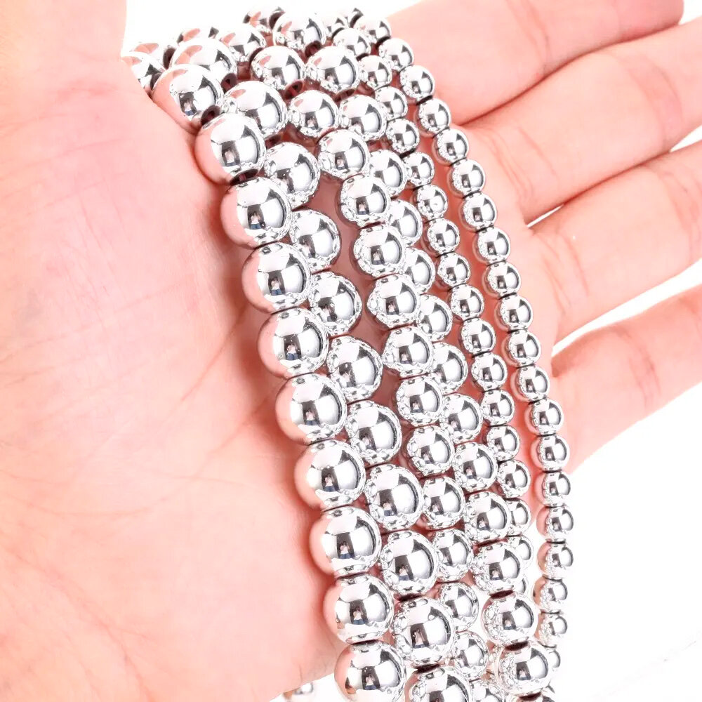 KamenOpt / Гематит бусины 10 мм, на нитке 38 см, цвет: Серебро, из натурального камня