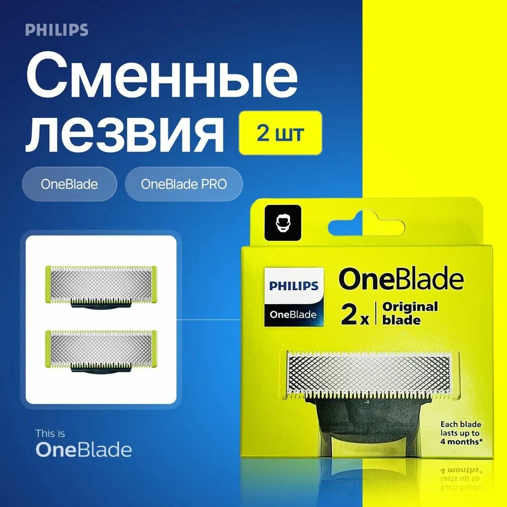 Сменное лезвие для бритвы Philips OneBlade QP1424/10, насадка для триммера QP220/51, 2 штуки