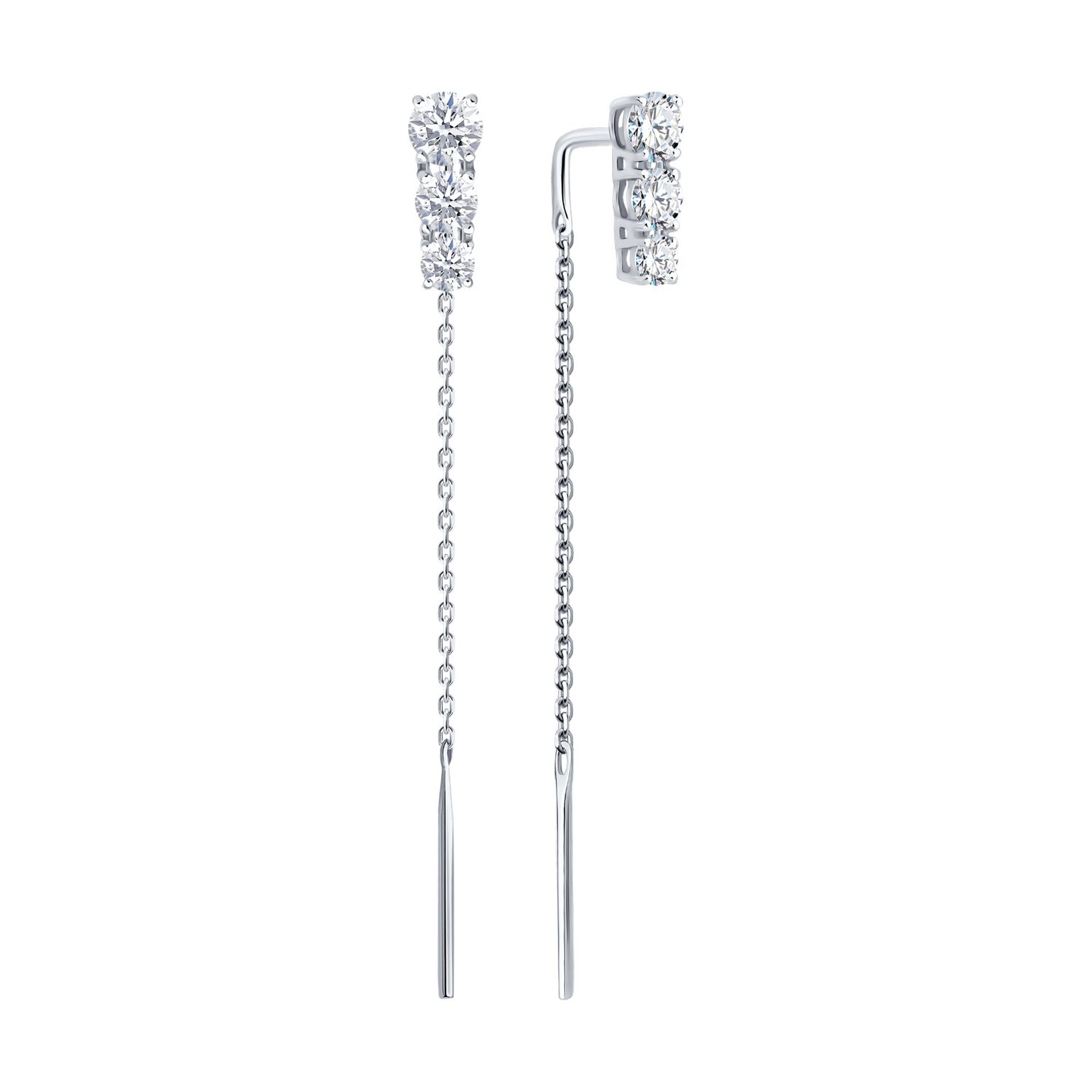 Серьги цепочки, белое золото, 585 проба, фианит