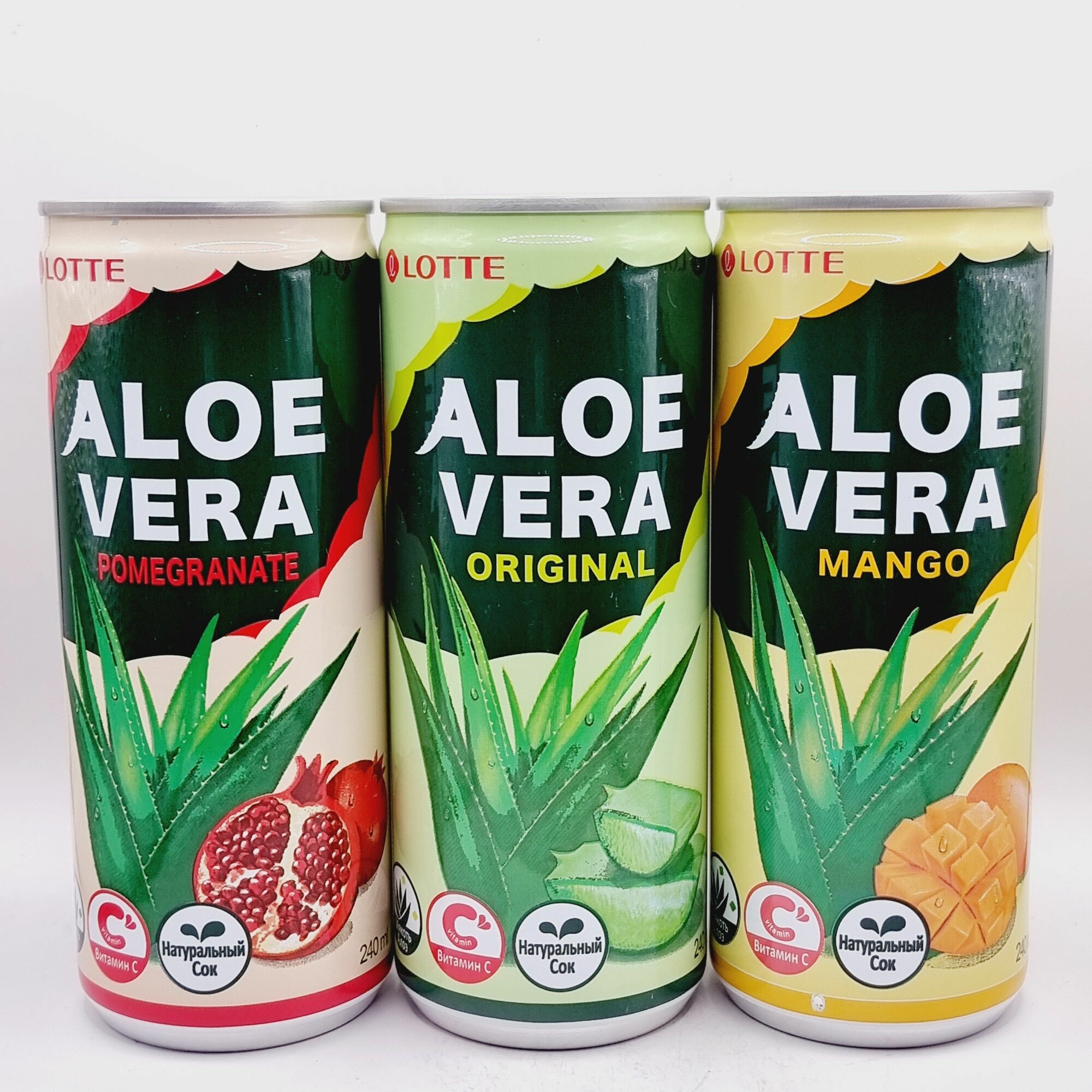 Напитоки Lotte со вкусом Алое Вера, Манго, Граната (240мл х3 шт.) 720 мл, (Южная Корея)