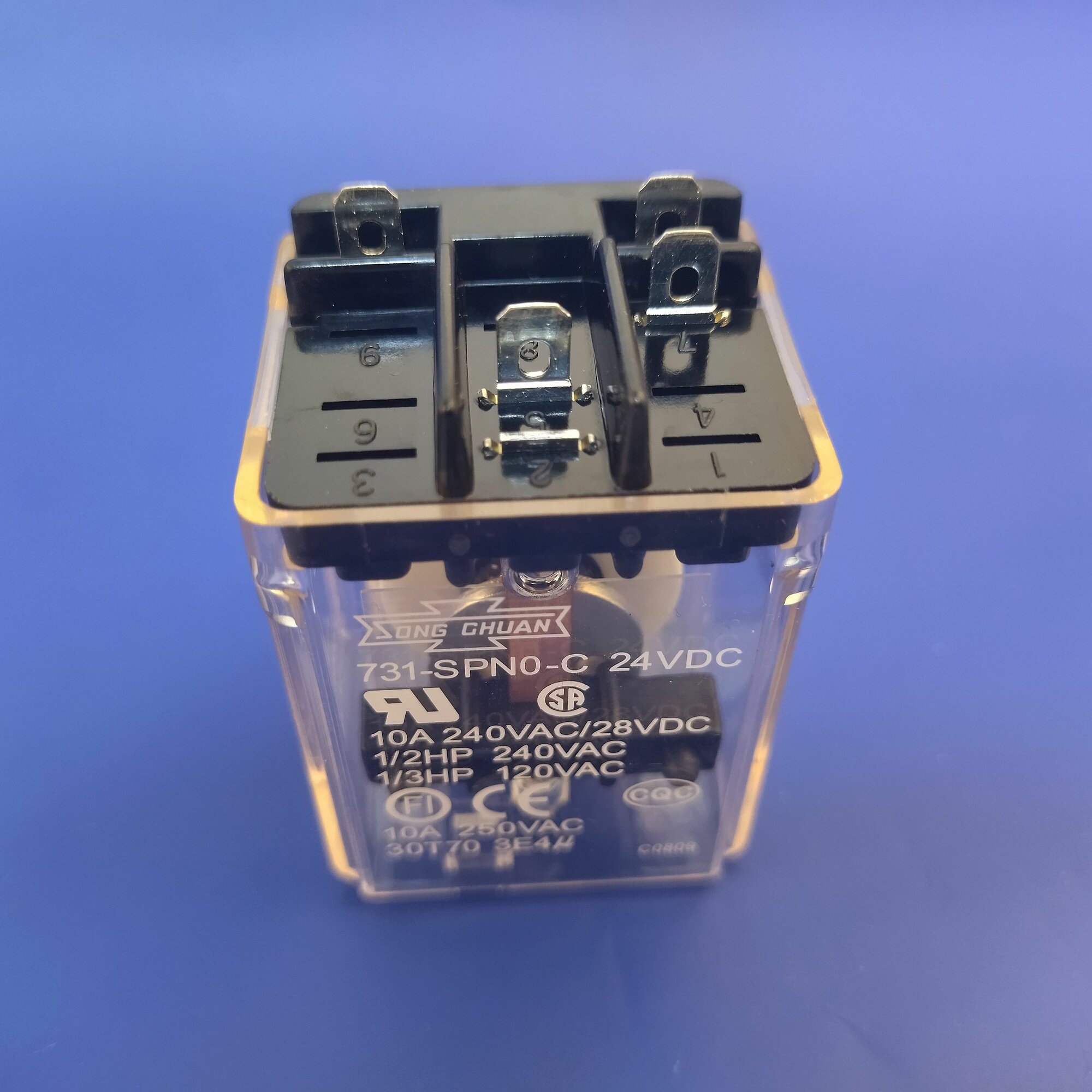 Электромагнитное промежуточное реле в колодку 731-SPNO-C 24VDC SONGCHUAN, SPNO, 10А 240VAC/28VDC, 1.2W