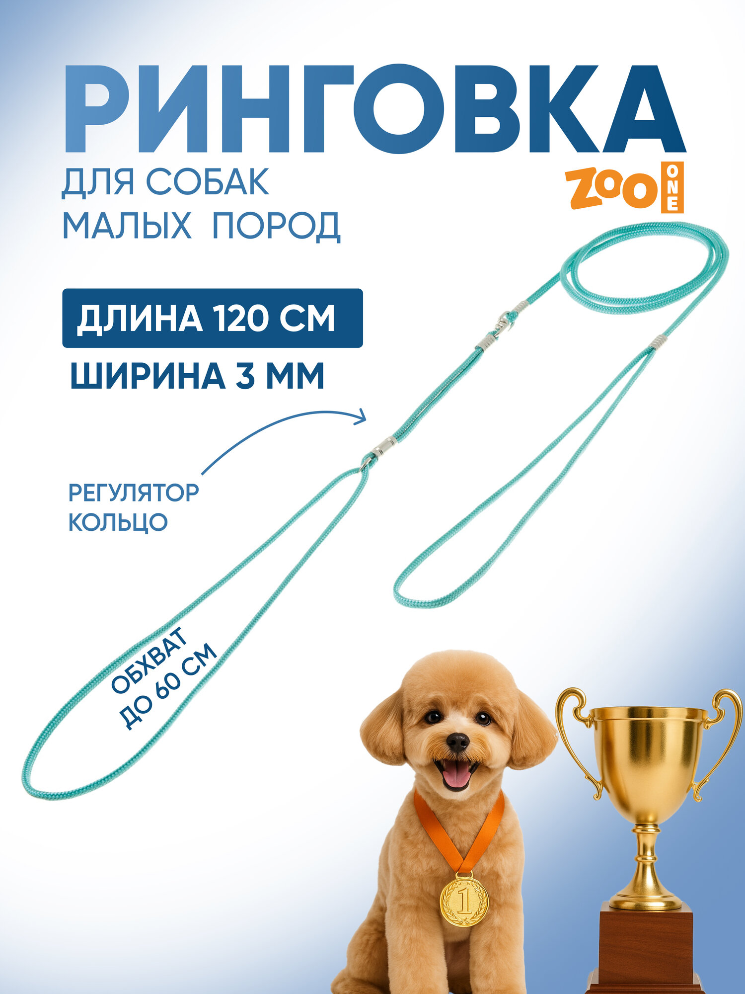 Ринговка для собак круглая с кольцом, обхват до 60 см, нейлон ширина 3 мм, длина 120 см, бирюзовая, ZooOne, PEW3 TU