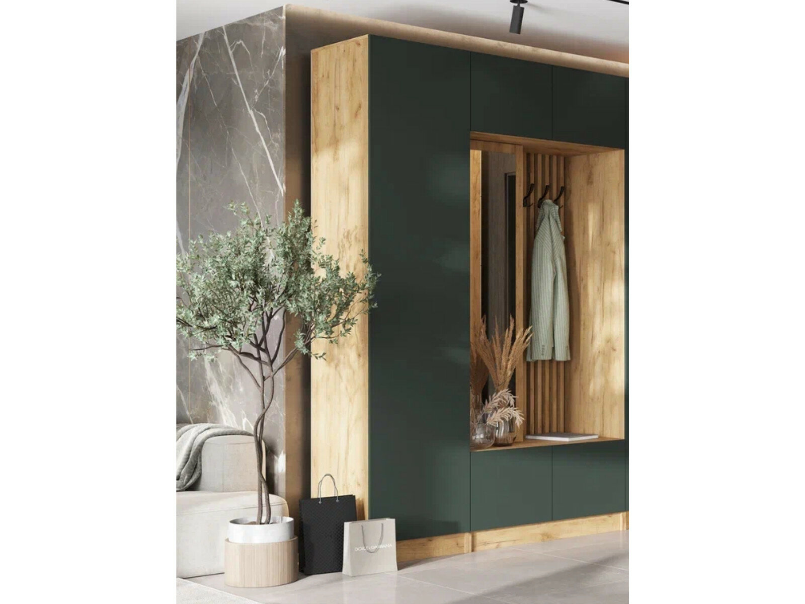 Модульная прихожая в современном стиле, набор 1, Дуб крафт/Изумрудный
