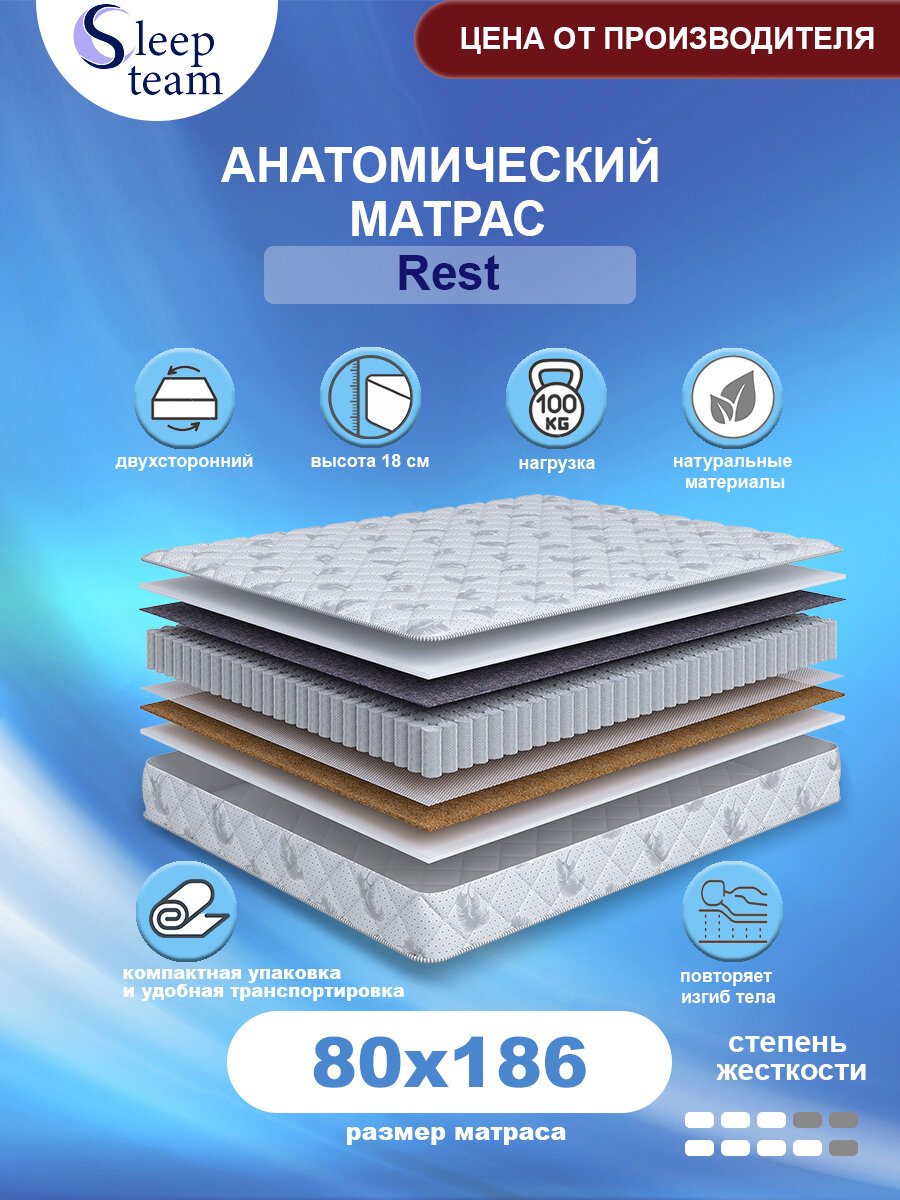 Матрас детский пружинный SleepTeam Rest 80х186, с независимыми пружинами, высота 18 см, односпальный