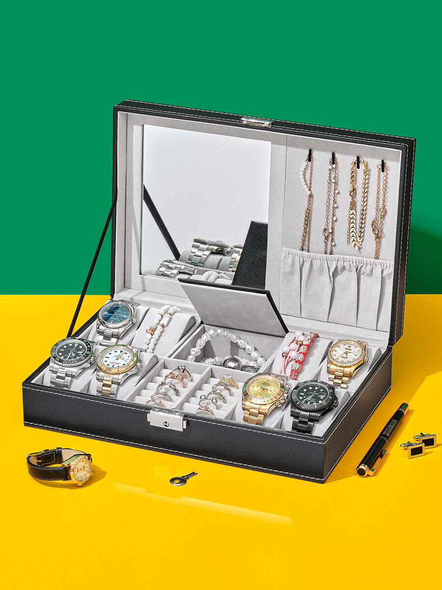 Шкатулка для хранения часов и украшений с зеркалом / Органайзер для часов и украшений / Коробка для хранения дома WB-C-183