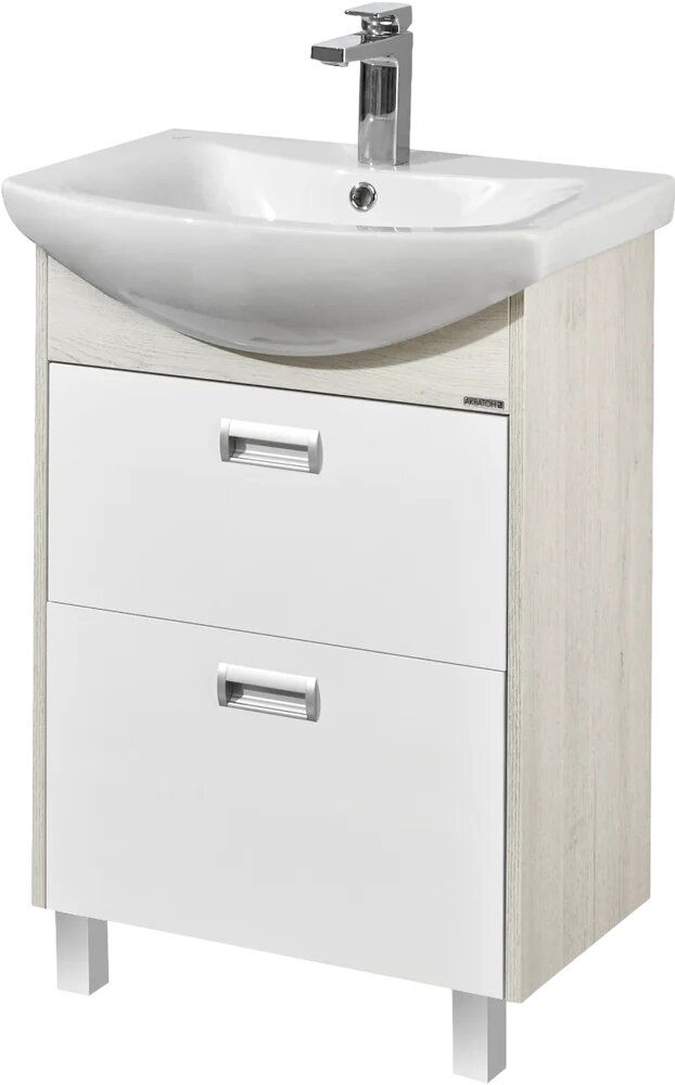 Тумба под раковину без столешницы AQUATON Бекка PRO 60 с ножками, белая, светлое дерево, глянцевая, из ЛДСП, тумба для ванной, с ящиками, с доводчиками