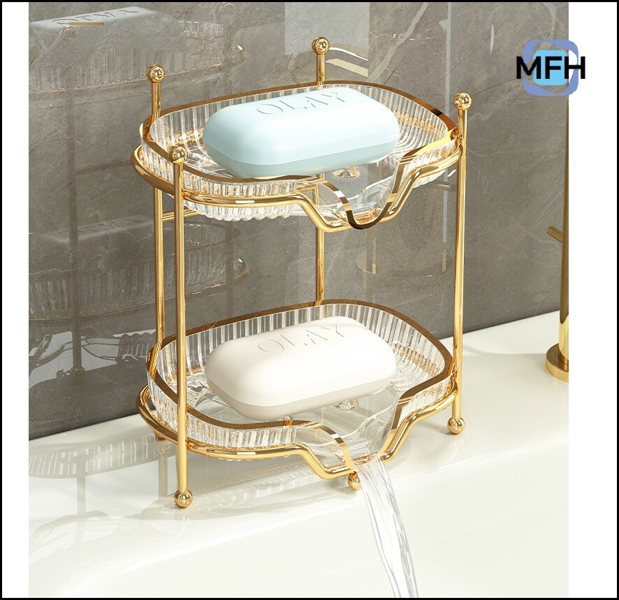 Двойная мыльница-держатель со сливом MyPads для ванной и кухни, идеально пишется в любой интерьер в стиле современной классики, золотистый