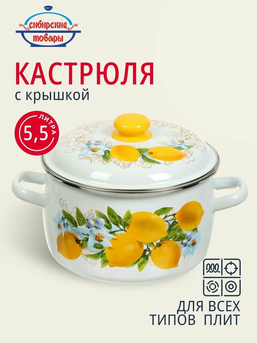 Кастрюля эмалированная сталь, 5.5 л, с крышкой, крышка сталь, сферический, Сибирские товары, Лимоны, 3MC221P, индукция