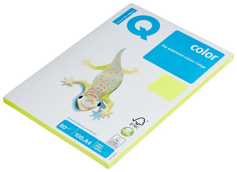 Бумага цветная IQ color, А4, 80 г/м2, 100 л, неон, желтая, NEOGB S110847