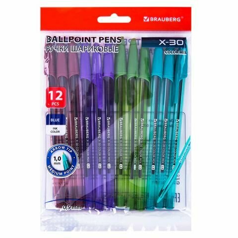 12 шт. Ручки шариковые BRAUBERG X-30 COLOR MIX, комплект 12 ШТ, Синие, пишущий узел 1 мм, линия письма 0,5 мм, 144336