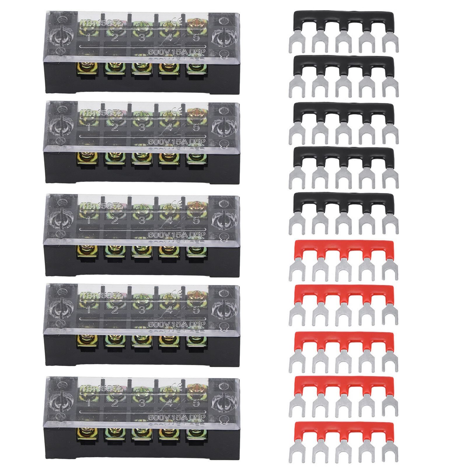 5-ти рядная винтовая клеммная колодка на 5 позиций 600 В 15 А с 10 предварительно изолированными клеммными колодками для подключения электропроводки