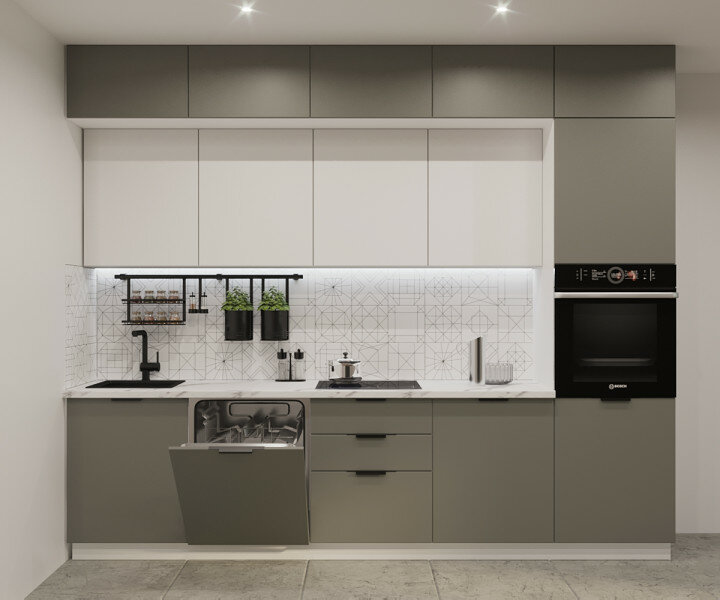 Кухонный гарнитур МДФ Фаска Обсидиан Тальк 3000 мм с пеналом для техники