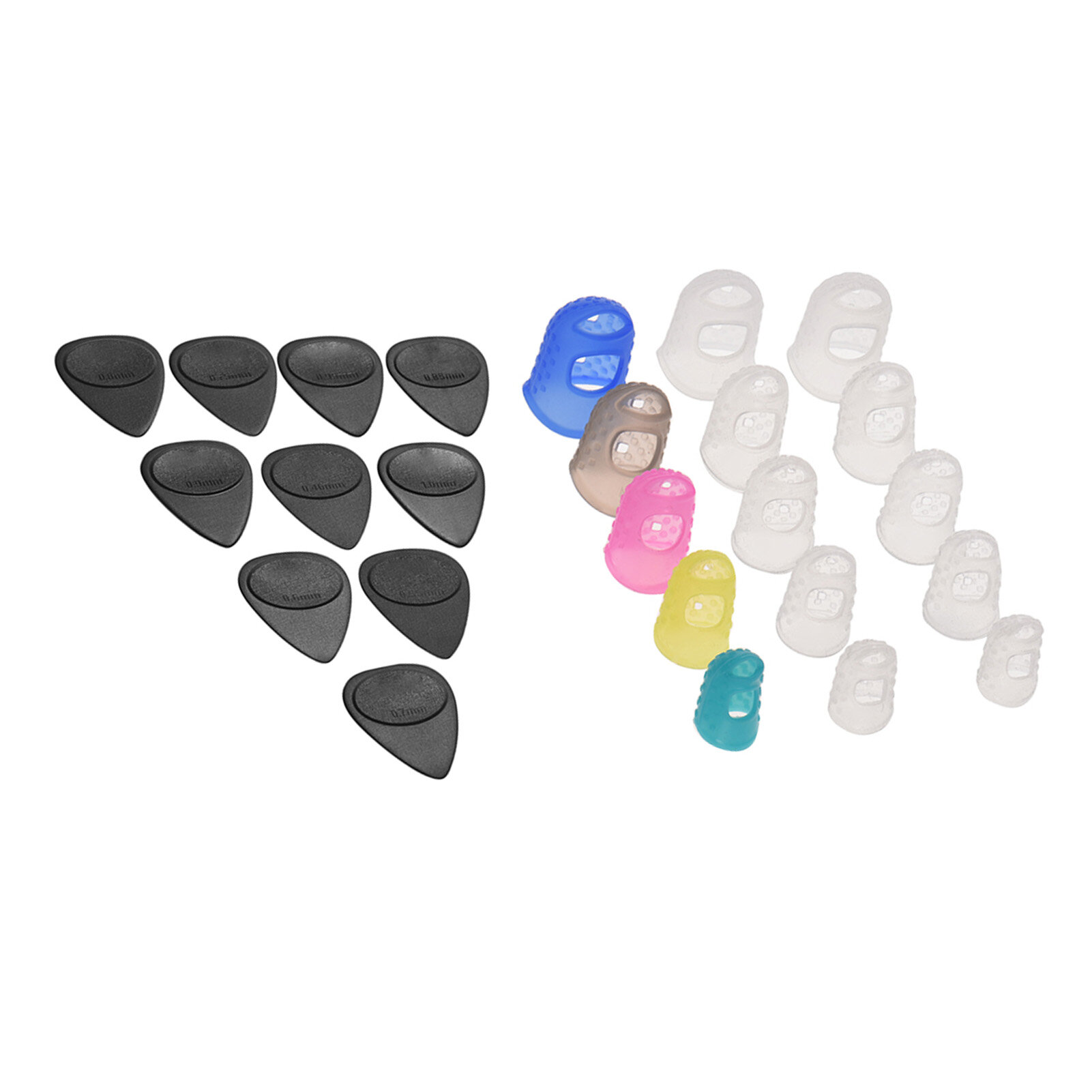 В комплект аксессуаров для гитары входят 15 силиконовых накладок на пальцы гитары + 10 медиаторов для начинающих играть на акустической гитаре