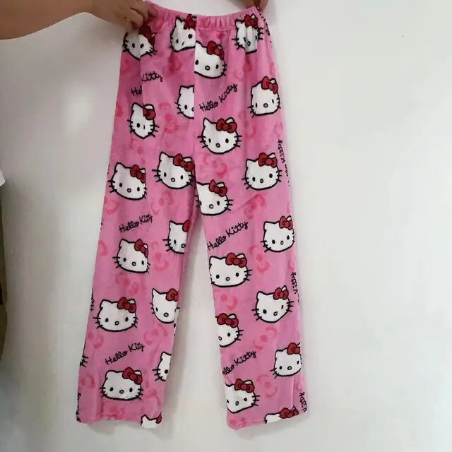 Пижама Sanrio Hello Kitty Y2k Kawaii из фланели, женские теплые шерстяные повседневные домашние брюки с рисунком из мультфильмов, модные брюки на осень и зиму, Size: S 30-38KG