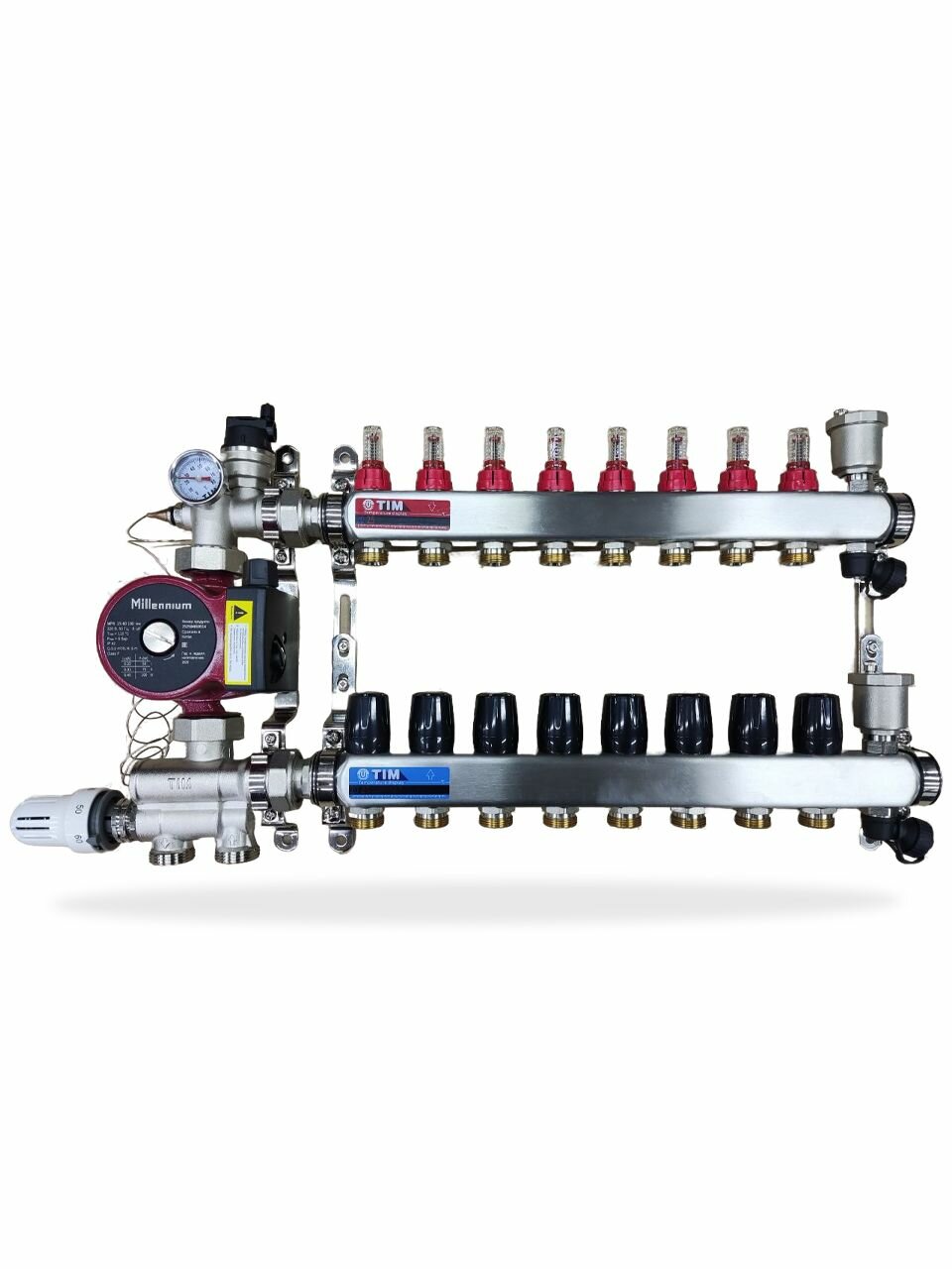 Коллектор для теплого пола на 8 контура с расходомерами + циркуляционный насос 25/6 + смесительный узел от 20-60 С и евроконусами 16х2.0 (до 100 кв/м)