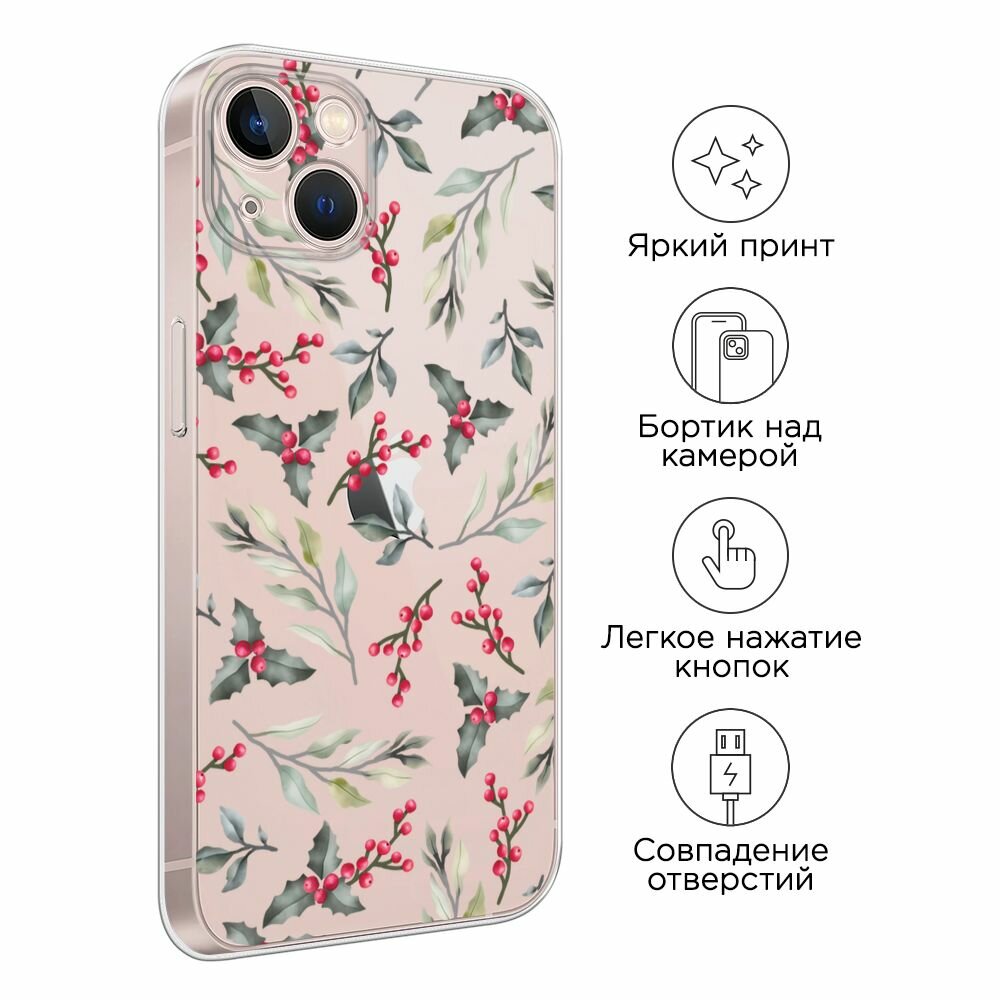 Чехол на Apple iPhone 13 / Айфон 13 с принтом Зимние ягоды паттерн, прозрачный — фото 1