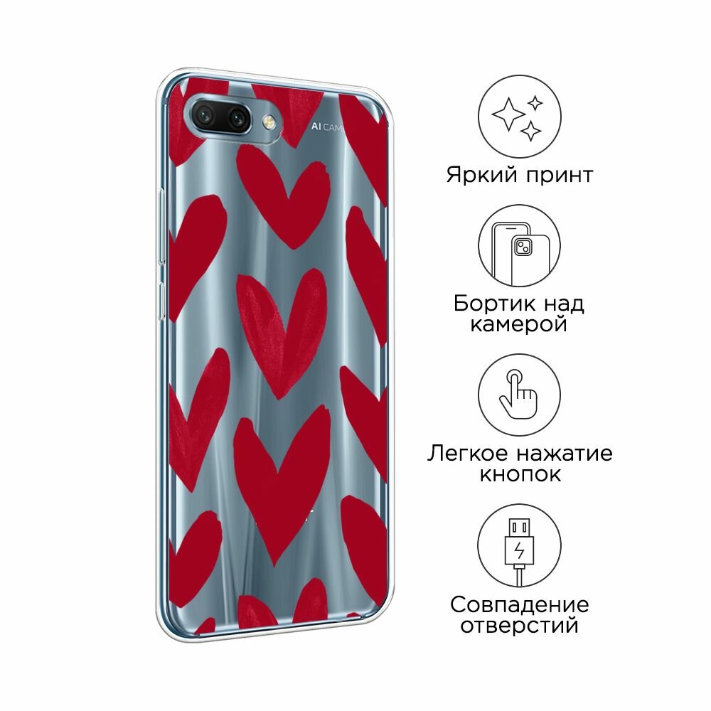 Чехол на Honor 10 / Хонор 10 с принтом "Красные сердечки рисунок - 14 февраля", прозрачный — фото 1