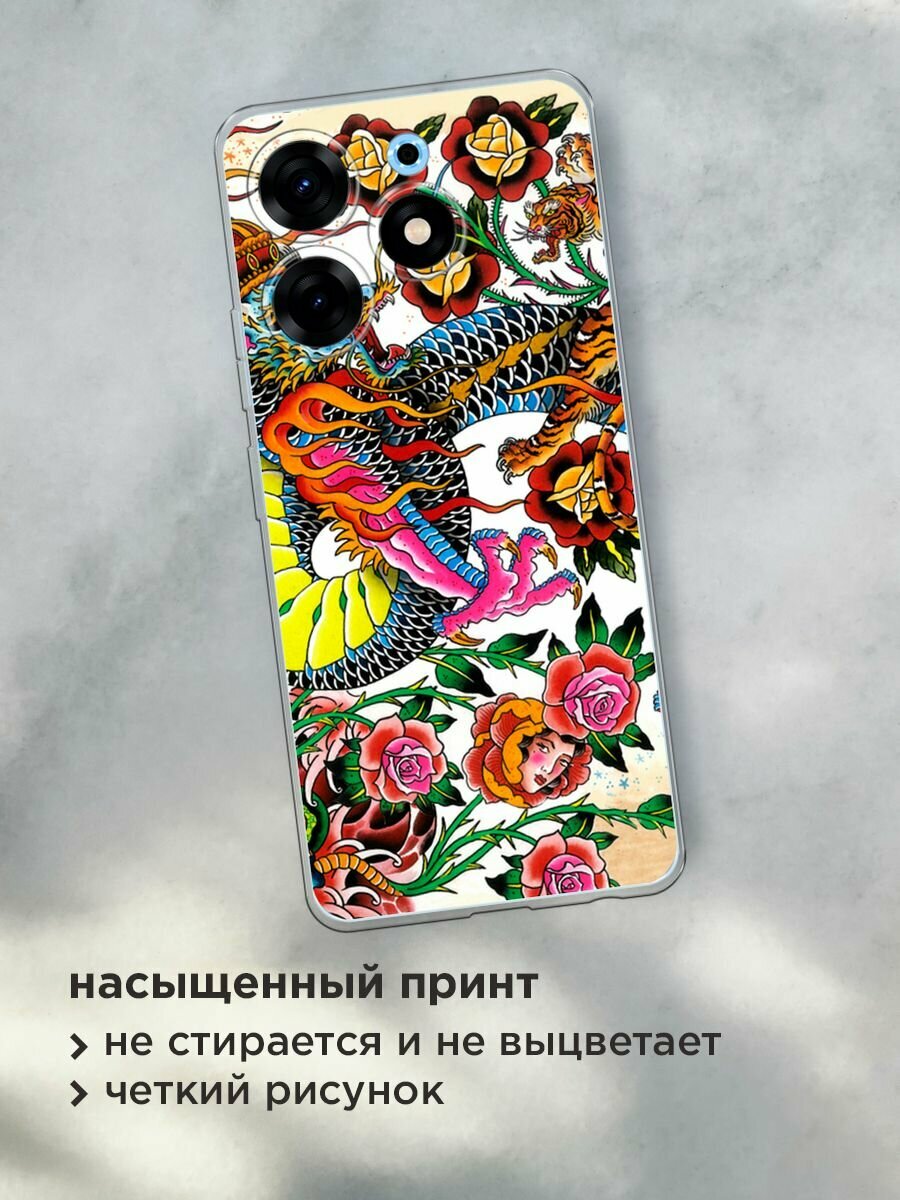 Чехол на Tecno Spark 10 Pro / Текно Спарк 10 Про с принтом "Дракон в цветах" — фото 1