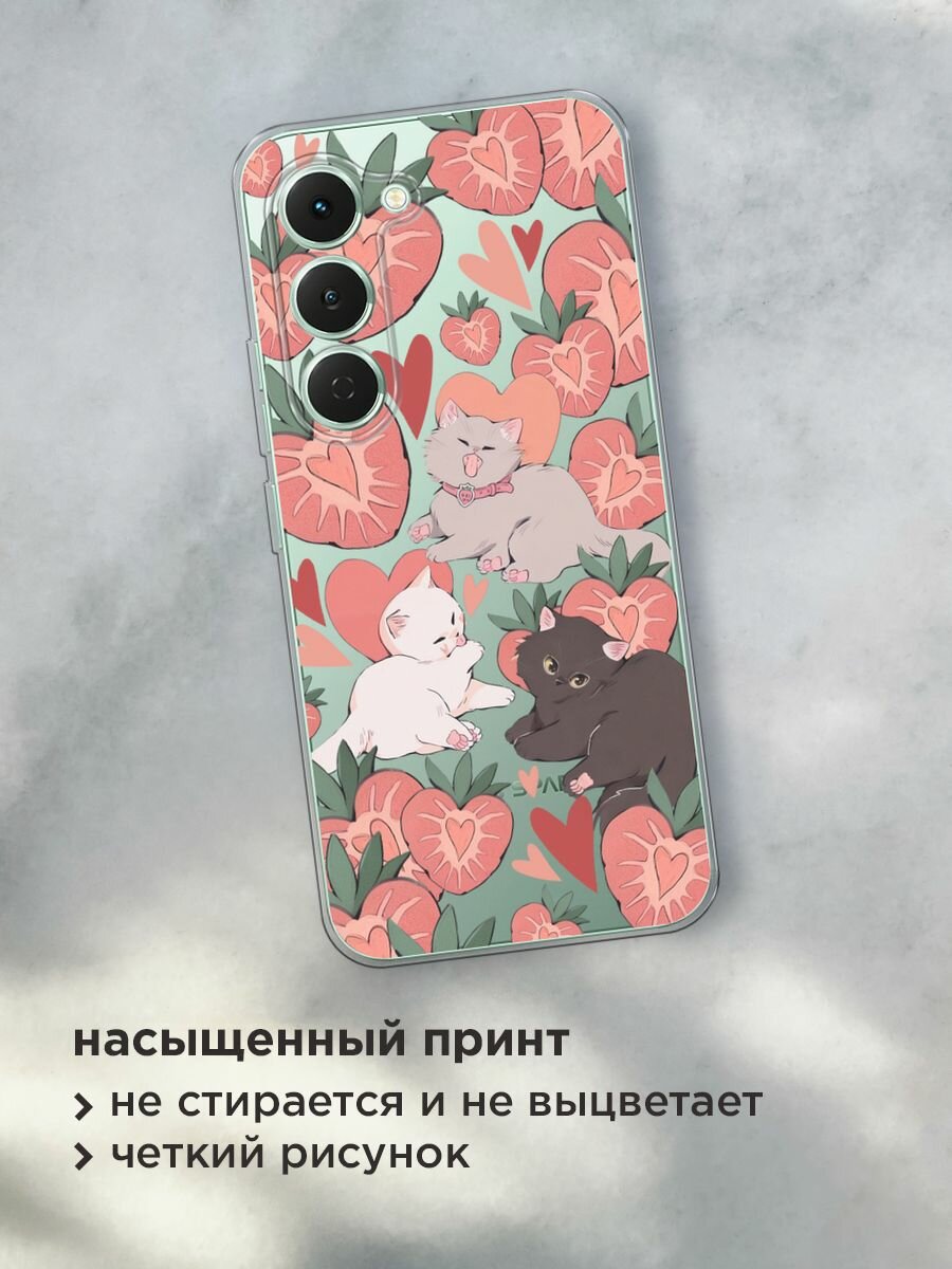 Чехол на Tecno Spark 40 Pro / Текно Спарк 40 Про с принтом "Клубничные котики", прозрачный — фото 1