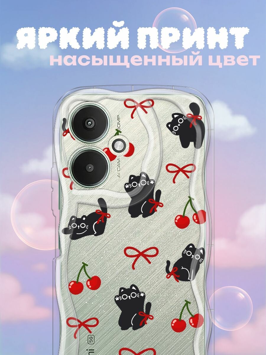 Чехол на Xiaomi Redmi 13C/Poco C65 / Редми 13C/Поко C65 с принтом "Котик, вишня и бантики" — фото 1