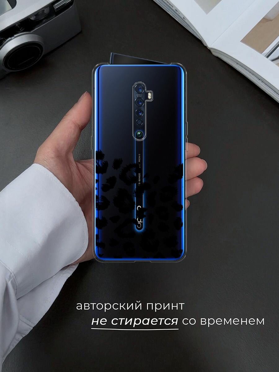 Чехол на Oppo Reno 2 / Оппо Рено 2 с принтом "Окрас леопарда фон черный", прозрачный — фото 1