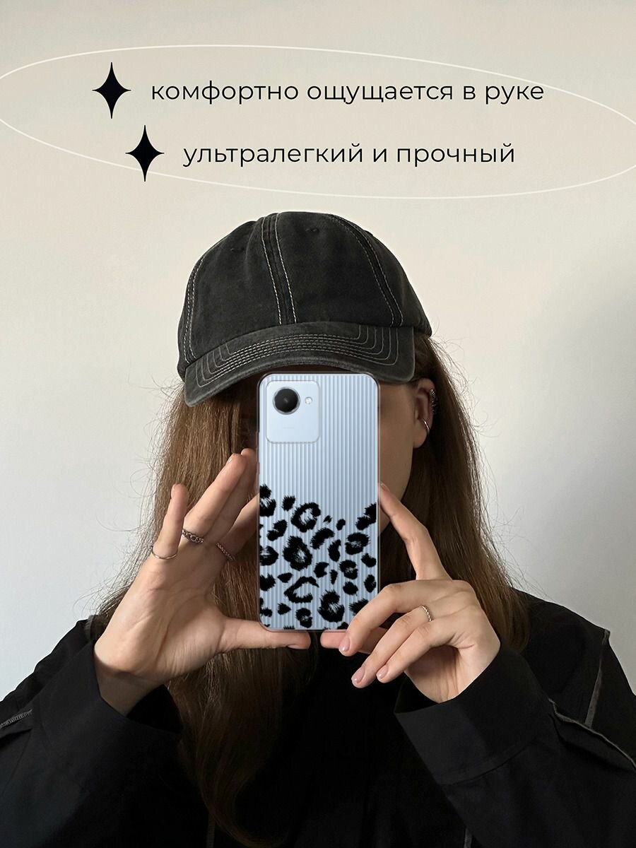 Чехол на Realme C30 / Реалми C30 с принтом "Окрас леопарда фон черный", прозрачный — фото 1
